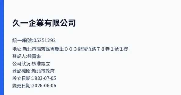 久一企業有限公司的照片-統編 05251292(新北市) 公司登記資料與營業項目詳細圖表