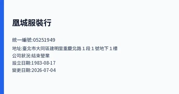 凰城服裝行的照片-統編 05251949(臺北市) 公司登記資料與營業項目詳細圖表