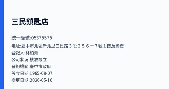 三民鎖匙店的照片-統編 05375575(臺中市) 公司登記資料與營業項目詳細圖表