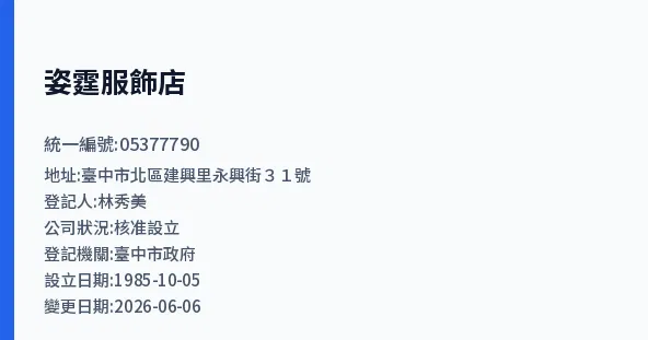 姿霆服飾店的照片-統編 05377790(臺中市) 公司登記資料與營業項目詳細圖表