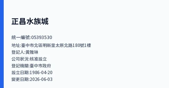 正昌水族城的照片-統編 05393530(臺中市) 公司登記資料與營業項目詳細圖表