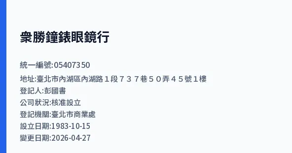 衆勝鐘錶眼鏡行的照片-統編 05407350(臺北市) 公司登記資料與營業項目詳細圖表