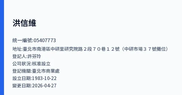 洪信維的照片-統編 05407773(臺北市) 公司登記資料與營業項目詳細圖表