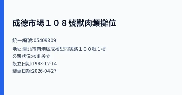 成德市場108號獸肉類攤位的照片-統編 05409809(臺北市) 公司登記資料與營業項目詳細圖表