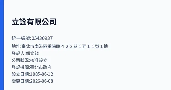 立詮有限公司的照片-統編 05430937(臺北市) 公司登記資料與營業項目詳細圖表