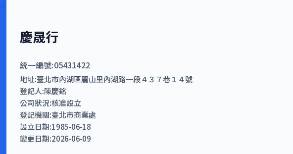 慶晟行的照片-統編 05431422(臺北市) 公司登記資料與營業項目詳細圖表