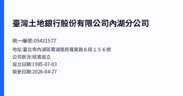 臺灣土地銀行股份有限公司內湖分公司的照片-統編 05431577(臺北市) 公司登記資料與營業項目詳細圖表