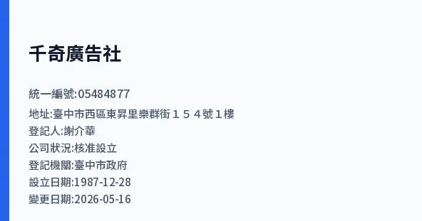 千奇廣告社的照片-統編 05484877(臺中市) 公司登記資料與營業項目詳細圖表