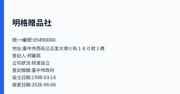 明格贈品社的照片-統編 05490060(臺中市) 公司登記資料與營業項目詳細圖表