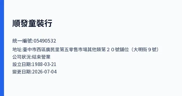 順發童裝行的照片-統編 05490532(臺中市) 公司登記資料與營業項目詳細圖表