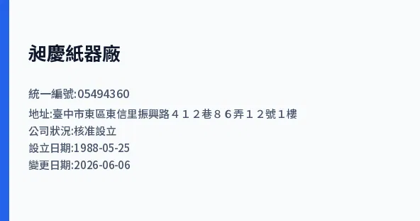 昶慶紙器廠的照片-統編 05494360(臺中市) 公司登記資料與營業項目詳細圖表
