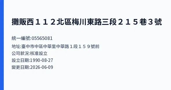 攤販西112北區梅川東路三段215巷3號的照片-統編 05565081(臺中市) 公司登記資料與營業項目詳細圖表