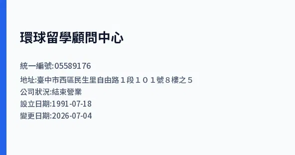 環球留學顧問中心的照片-統編 05589176(臺中市) 公司登記資料與營業項目詳細圖表