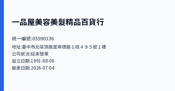 一品屋美容美髮精品百貨行的照片-統編 05590336(臺中市) 公司登記資料與營業項目詳細圖表