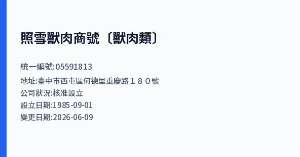 照雪獸肉商號〔獸肉類〕的照片-統編 05591813(臺中市) 公司登記資料與營業項目詳細圖表