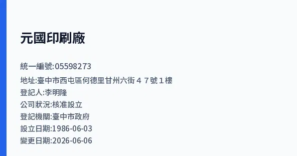 元國印刷廠的照片-統編 05598273(臺中市) 公司登記資料與營業項目詳細圖表