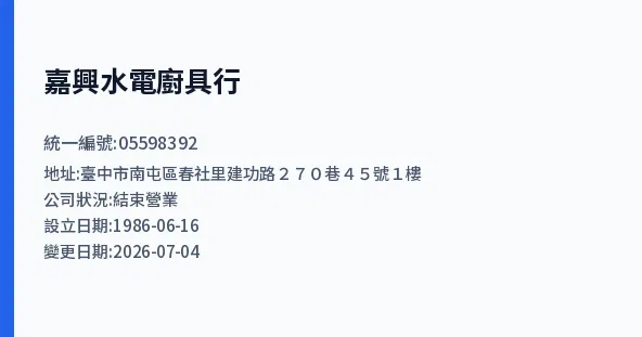 嘉興水電廚具行的照片-統編 05598392(臺中市) 公司登記資料與營業項目詳細圖表