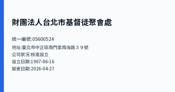 財團法人台北市基督徒聚會處的照片-統編 05600524(臺北市) 公司登記資料與營業項目詳細圖表