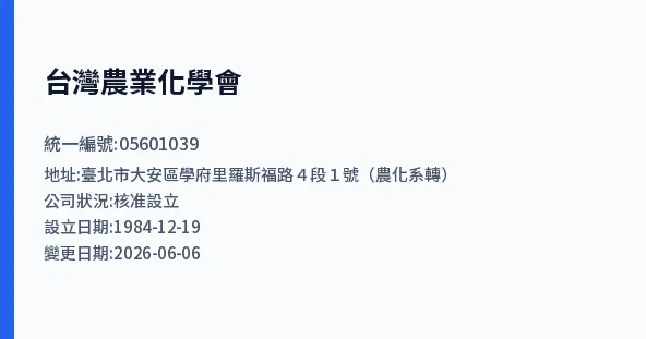 台灣農業化學會的照片-統編 05601039(臺北市) 公司登記資料與營業項目詳細圖表