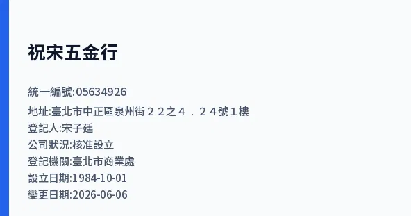 祝宋五金行的照片-統編 05634926(臺北市) 公司登記資料與營業項目詳細圖表