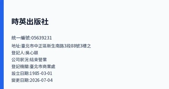 時英出版社的照片-統編 05639231(臺北市) 公司登記資料與營業項目詳細圖表