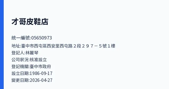 才哥皮鞋店的照片-統編 05650973(臺中市) 公司登記資料與營業項目詳細圖表