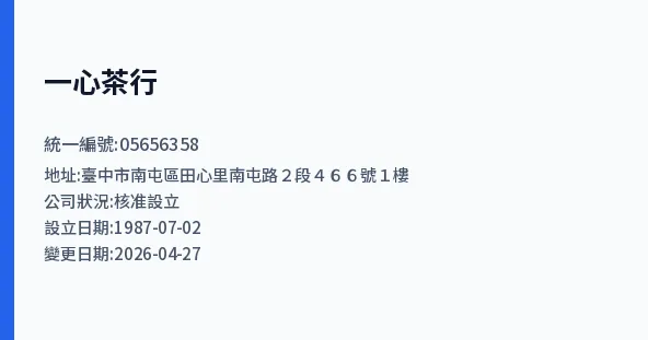 一心茶行的照片-統編 05656358(臺中市) 公司登記資料與營業項目詳細圖表