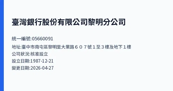 臺灣銀行股份有限公司黎明分公司的照片-統編 05660091(臺中市) 公司登記資料與營業項目詳細圖表