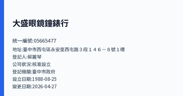 大盛眼鏡鐘錶行的照片-統編 05665477(臺中市) 公司登記資料與營業項目詳細圖表