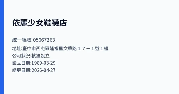 依麗少女鞋襪店的照片-統編 05667263(臺中市) 公司登記資料與營業項目詳細圖表