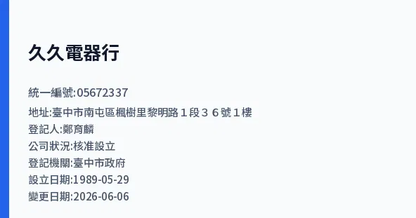 久久電器行的照片-統編 05672337(臺中市) 公司登記資料與營業項目詳細圖表