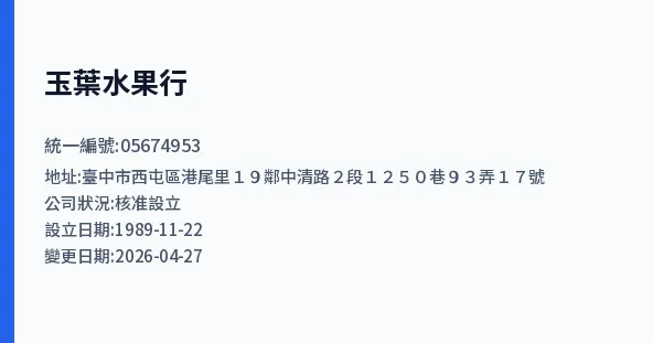玉葉水果行的照片-統編 05674953(臺中市) 公司登記資料與營業項目詳細圖表