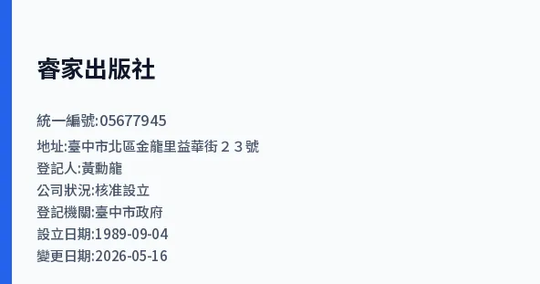 睿家出版社的照片-統編 05677945(臺中市) 公司登記資料與營業項目詳細圖表