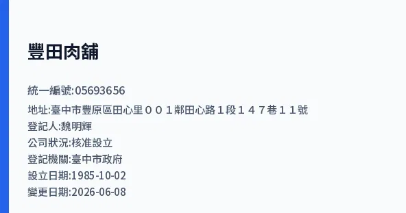 豐田肉舖的照片-統編 05693656(臺中市) 公司登記資料與營業項目詳細圖表