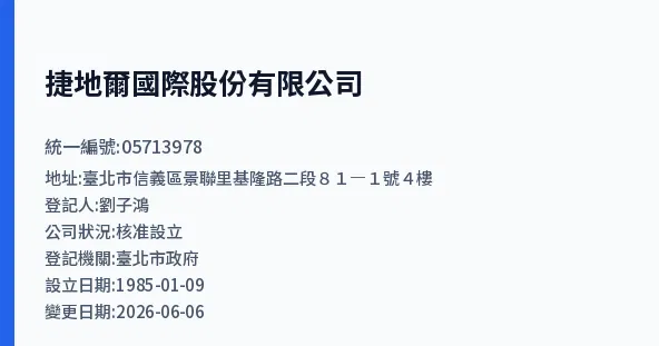 捷地爾國際股份有限公司的照片-統編 05713978(臺北市) 公司登記資料與營業項目詳細圖表