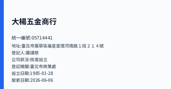 大楊五金商行的照片-統編 05714441(臺北市) 公司登記資料與營業項目詳細圖表