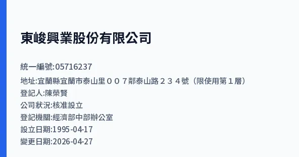 東峻興業股份有限公司的照片-統編 05716237(宜蘭縣) 公司登記資料與營業項目詳細圖表