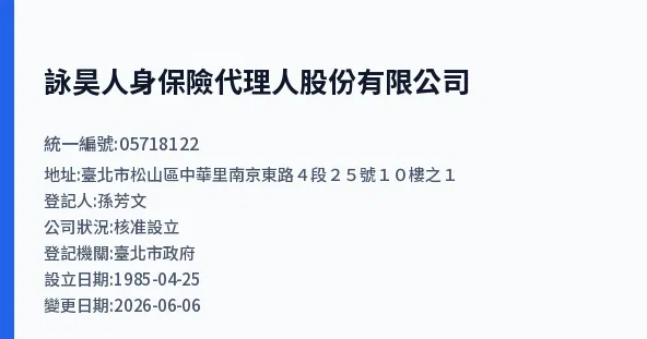 詠昊人身保險代理人股份有限公司的照片-統編 05718122(臺北市) 公司登記資料與營業項目詳細圖表