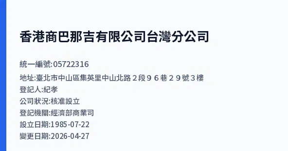 香港商巴那吉有限公司台灣分公司的照片-統編 05722316(臺北市) 公司登記資料與營業項目詳細圖表
