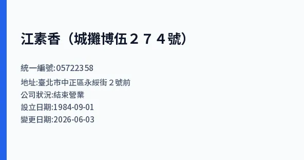 江素香(城攤博伍274號)的照片-統編 05722358(臺北市) 公司登記資料與營業項目詳細圖表