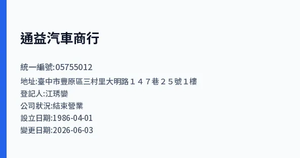 通益汽車商行的照片-統編 05755012(臺中市) 公司登記資料與營業項目詳細圖表