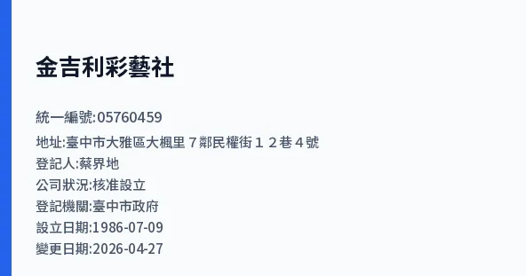 金吉利彩藝社的照片-統編 05760459(臺中市) 公司登記資料與營業項目詳細圖表