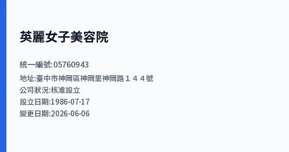 英麗女子美容院的照片-統編 05760943(臺中市) 公司登記資料與營業項目詳細圖表