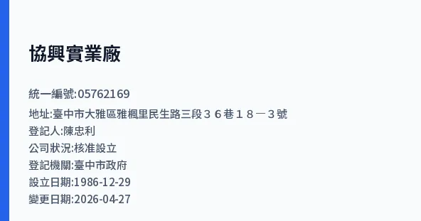 協興實業廠的照片-統編 05762169(臺中市) 公司登記資料與營業項目詳細圖表
