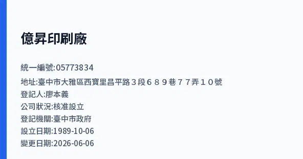 億昇印刷廠的照片-統編 05773834(臺中市) 公司登記資料與營業項目詳細圖表