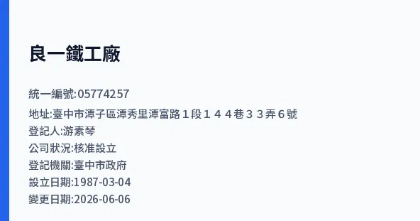 良一鐵工廠的照片-統編 05774257(臺中市) 公司登記資料與營業項目詳細圖表