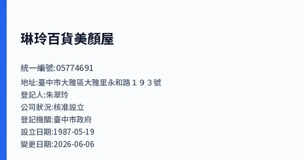 琳玲百貨美顏屋的照片-統編 05774691(臺中市) 公司登記資料與營業項目詳細圖表
