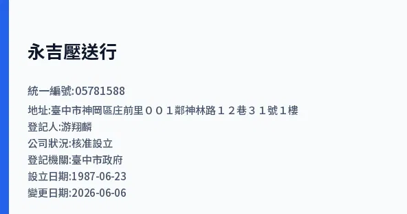 永吉壓送行的照片-統編 05781588(臺中市) 公司登記資料與營業項目詳細圖表