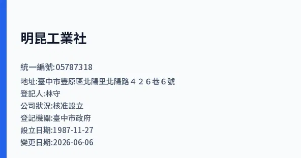 明昆工業社的照片-統編 05787318(臺中市) 公司登記資料與營業項目詳細圖表