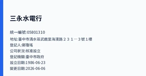 三永水電行的照片-統編 05801310(臺中市) 公司登記資料與營業項目詳細圖表